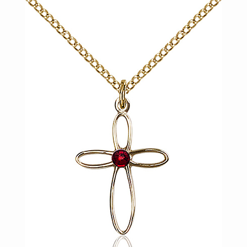 Gold Filled 3/4in Loop Cross Pendant with 3mm Garnet Bead & 18in Chain ...