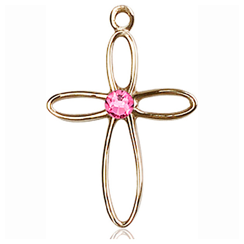 14kt Yellow Gold 7/8in Loop Cross Pendant with 3mm Rose Bead 1707KT-STN10