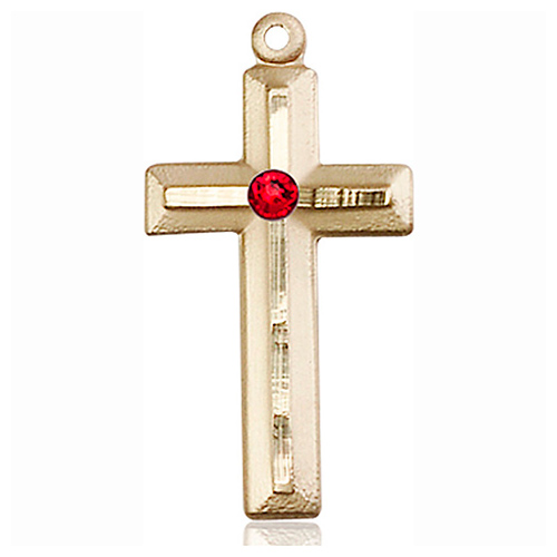 14kt Yellow Gold 1 1/8in Beveled Cross with 3mm Ruby Bead 6000KT-STN7