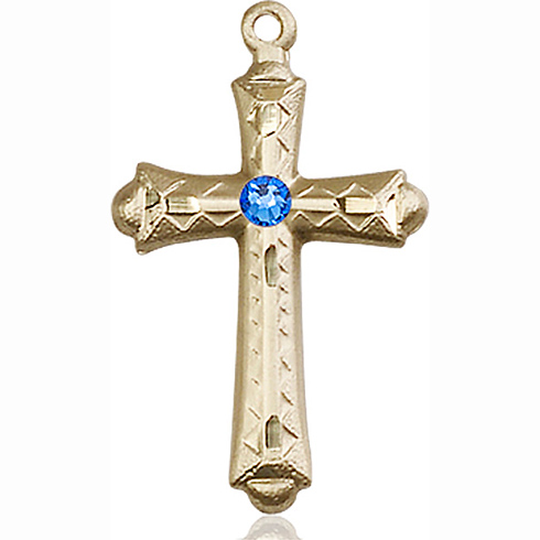 14kt Yellow Gold 1 1/8in Fancy Budded Cross with 3mm Sapphire Bead ...