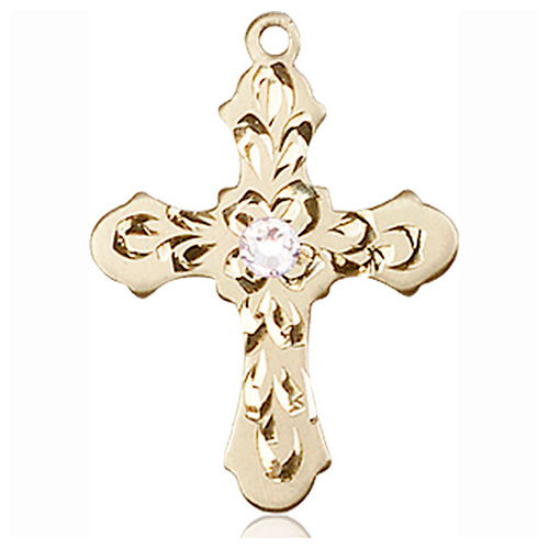14kt Yellow Gold 7/8in Baroque Cross with 3mm Crystal Bead 6036KT3-STN4