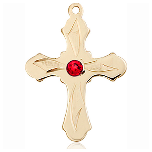 14kt Yellow Gold 7/8in Etched Cross with 3mm Ruby Bead 6036KT5-STN7