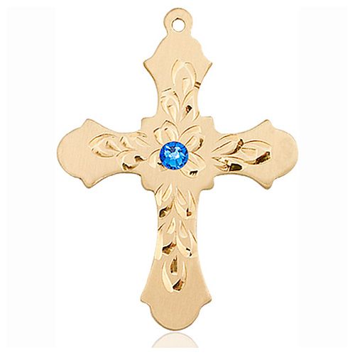 14kt Yellow Gold 1 1/4in Baroque Cross with 3mm Sapphire Bead 6037KT3-STN9