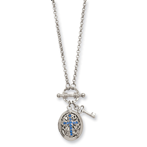 Silver-tone Dark Blue Crystal Cross Locket 24in Necklace BF650