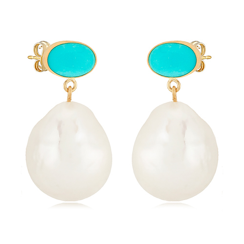 14k Yellow Gold 12mm Baroque Pearl and Oval Turquoise Dangle Earrings CC-01-407-TQ