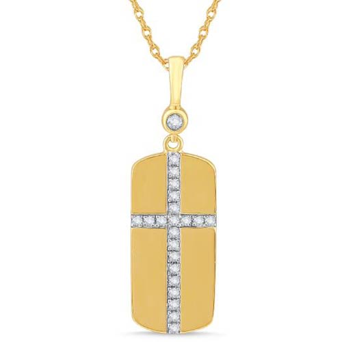 14k Yellow Gold 1/6 ct tw Diamond Dog Tag Cross Necklace CTP31543