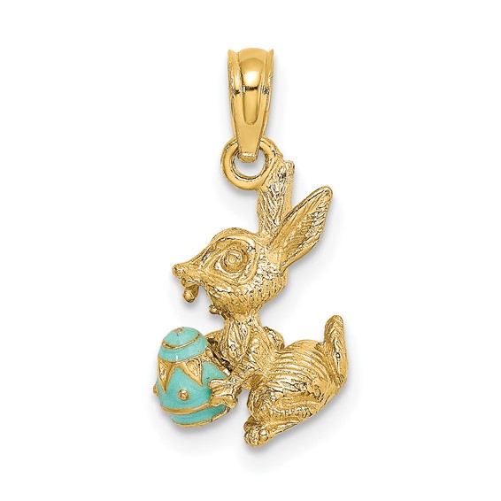 14k Yellow Gold 5/8in Easter Bunny Pendant with Blue Egg ENC-068A