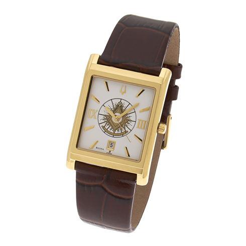 Gold Tone Bulova Past Master Masonic Watch with Brown Leather Strap MSW-112