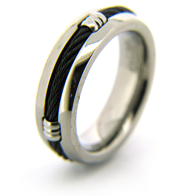7mm Titanium Domed Ring with Black Steel Cable Inlay TTR0060G