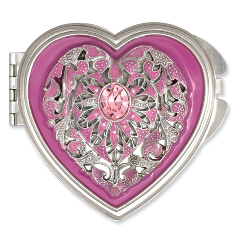 Pewter-tone Steel Pink Enameled Heart Compact GM3681 | Joy Jewelers
