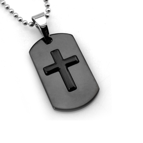 Black-plated Stainless Steel 1 3/8in Cross Dog Tag 24in Bead Chain ST ...