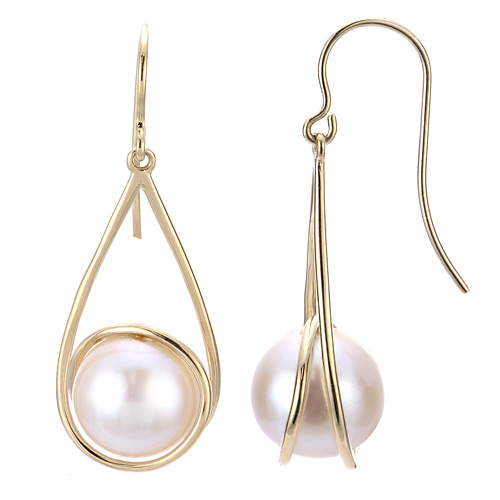 14k Yellow Gold Freshwater Cultured Pearl Swirl Basket Dangle Earrings IP923507FW