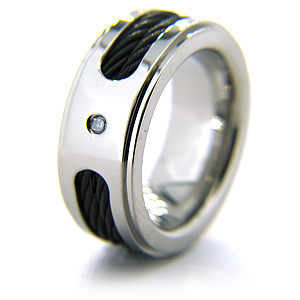 10mm Titanium Ring with Inlaid Black Cable & Diamond T1511