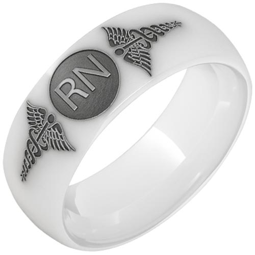 White Ceramic Registered Nurse Ring with Laser Engraved Caduceus 8mm ...
