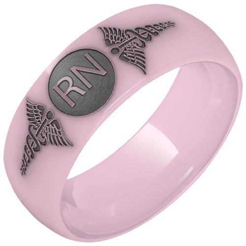 Pink Ceramic Registered Nurse Ring with Laser Engraved Caduceus 8mm ...