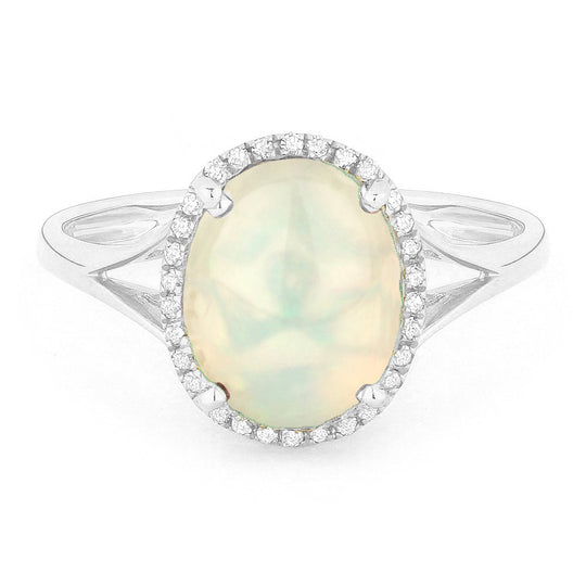 14k White Gold Oval Ethiopian Opal and Diamond Halo Ring ML-R1059OPW