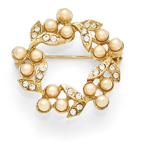Gold-tone Downton Abbey Simulated Pearl Crystal Wreath Pin 4912FB