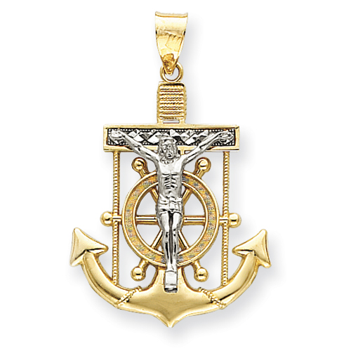 14kt Two-tone Gold 1 1/2in Diamond-cut Mariner's Cross C3716