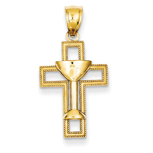 14kt Yellow Gold 3/4in Cut-out Cross with Chalice Pendant C3980
