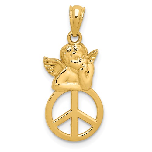 14k Yellow Gold Peace Symbol and Angel Pendant 3/4in C4654