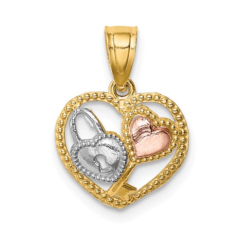 14k Two-tone Gold Rhodium Lock and Key in Heart Pendant 3/8in C4738