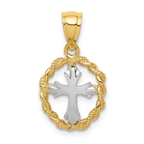 14k Two-tone Gold Polished Cross Pendant Rope Frame 1/2in D4683