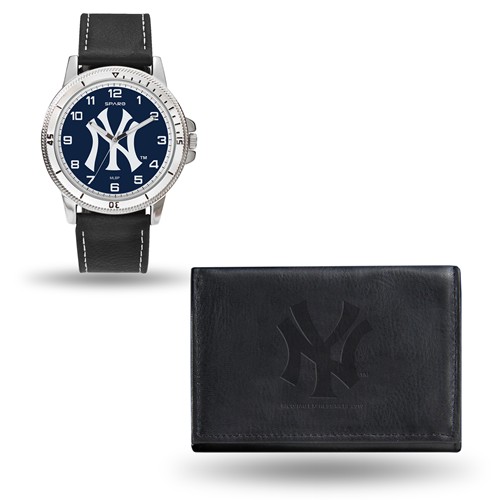New York Yankees Black Faux Leather Watch and Wallet Gift Set GC4927