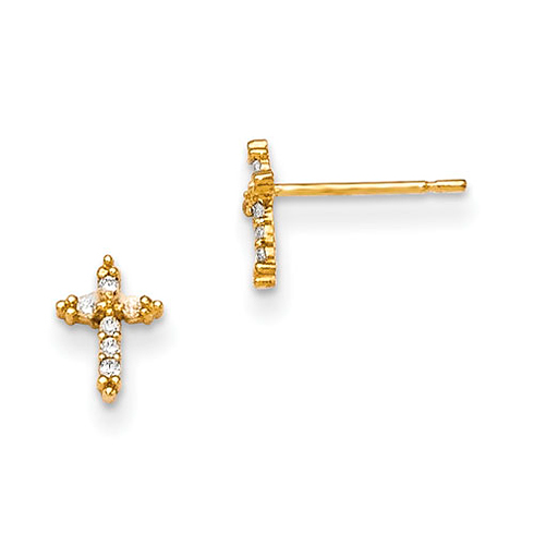 14kt Yellow Gold 1/4in Madi K CZ Children's Cross Post Earrings GK686