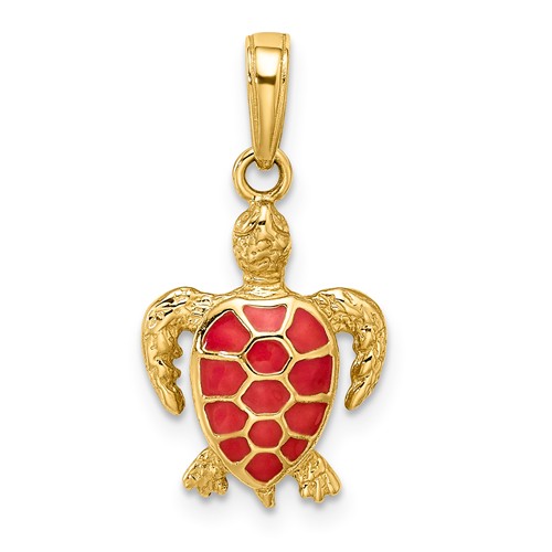 14k Yellow Gold Fuschia Pink Enamel Sea Turtle Pendant 5/8in K3309FP