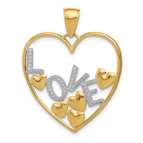 14k Yellow Gold Love And Floating Hearts Pendant with Rhodium 1in K4049