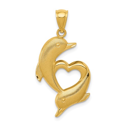 14k Yellow Gold Dolphins Pendant with Heart 1in K5349 | Joy Jewelers