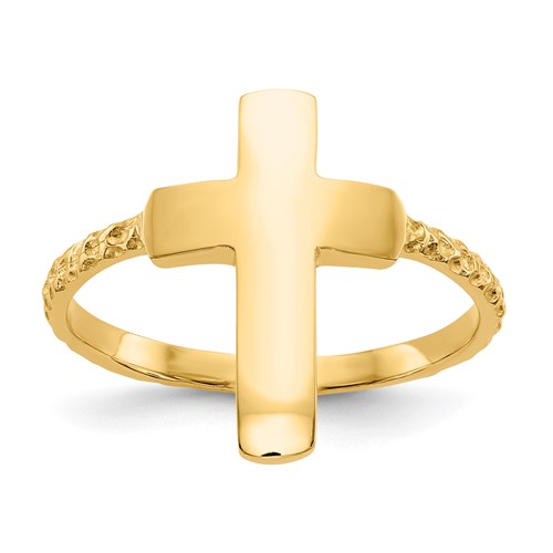 14k Yellow Gold Polished Oversized Cross Ring with Textured Shank K5740