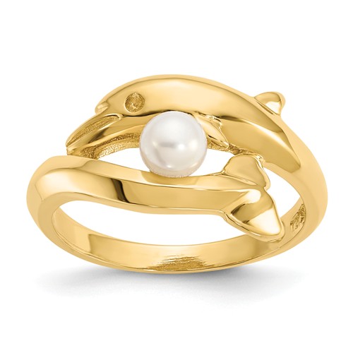 14k Yellow Gold Dolphin Ring with Freshwater Cultured Pearl K669