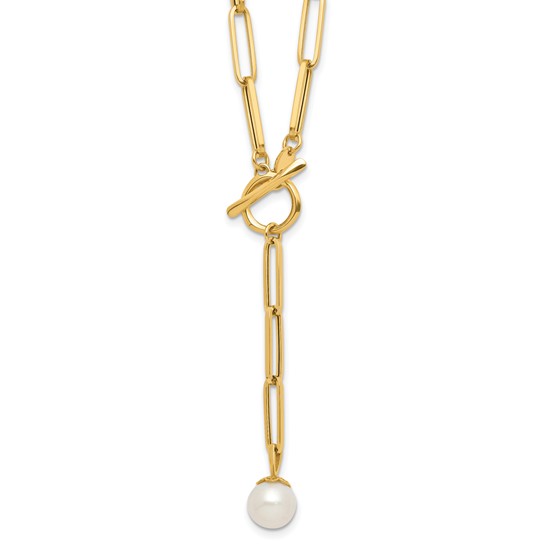 14k Yellow Gold 9mm Freshwater Cultured Pearl Paper Clip Link Toggle Necklace LF1795-18