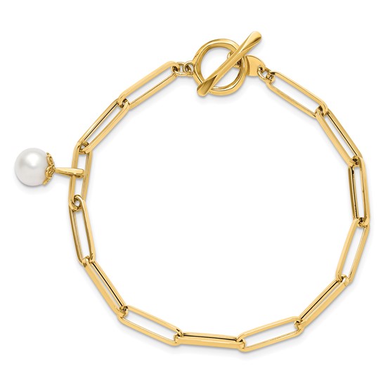14k Yellow Gold Freshwater Cultured Pearl Paper Clip Link Toggle Bracelet 7.5in LF1795-7.5