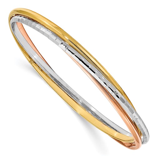 14k Tri-color Gold Polished and Textured 3 Intertwined Slip-On Bangle ...