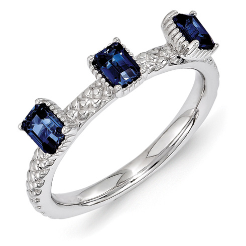 Sterling Silver Created Sapphire Three Stone Ring with Beaded Finish ...