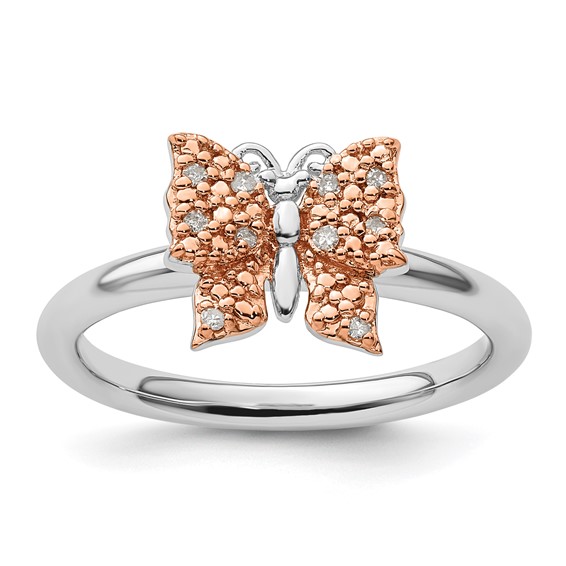 Sterling Silver 14kt Rose Gold-plated Stackable Diamond Butterfly Ring ...