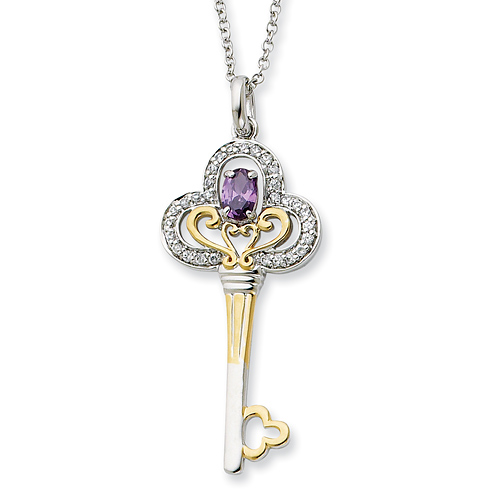 Purple CZ Key Necklace Gold-plated Sterling Silver QSX298