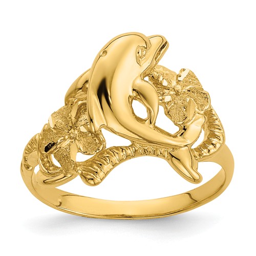 14k Yellow Gold Dolphin Ring with Plumeria Flowers R820 | Joy Jewelers