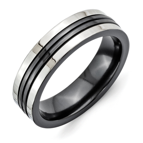 Black Titanium Grooved Ring with Gray Edges 6mm TB397 | Joy Jewelers