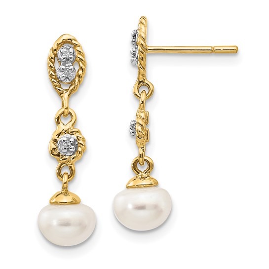 14k Yellow Gold 6mm Freshwater Cultured Semi-Round Pearl Dangle Drop Earrings with Diamonds ...