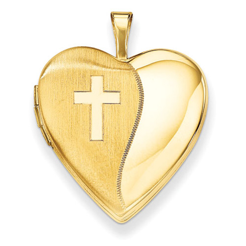 14kt Yellow Gold 3/4in Polished Satin with Cross Heart Locket XL582