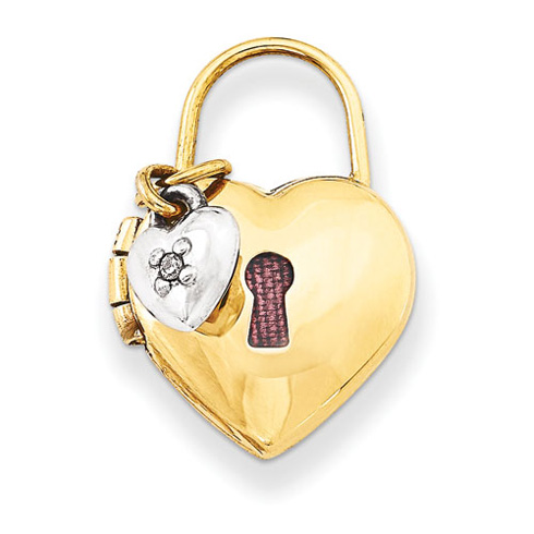 14kt Two-tone Gold 12mm Padlock Heart with Diamond Locket XL634