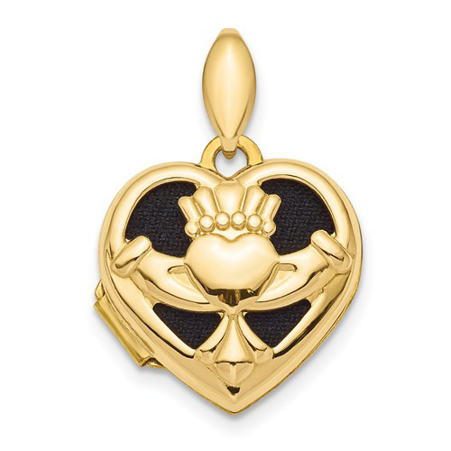 14k Yellow Gold Heart Claddagh Locket with Black Fabric 5/8in XL720