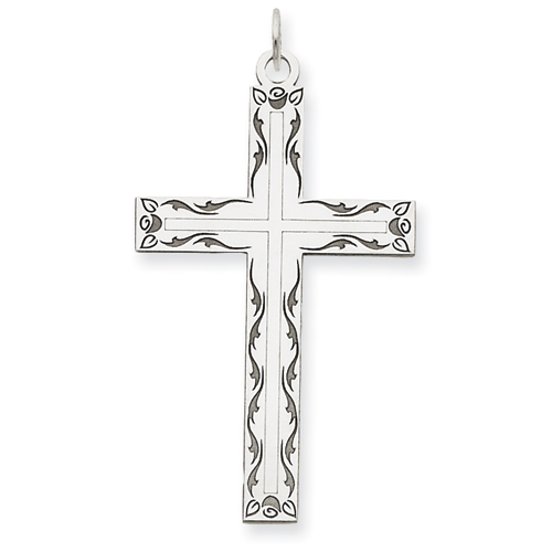14kt White Gold 1 1/4in Floral Laser Etched Cross XR1015