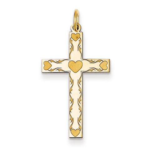 14k Yellow Gold Laser Designed Cross Pendant with Five Hearts XR1146