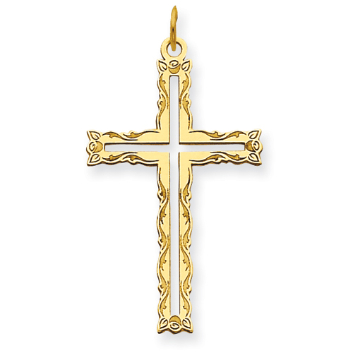 14k Yellow Gold Laser Etched Budded Cross with Cut-out Center 1in XR1187