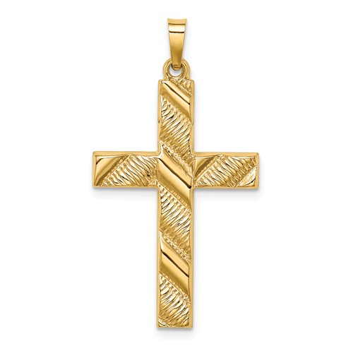 14k Yellow Gold Hollow Polished Rippled Latin Cross Pendant 1in XR1812