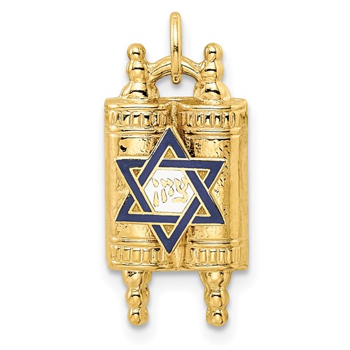 14k Yellow Gold Torah and Blue Enamel Star Of David Pendant XR2019